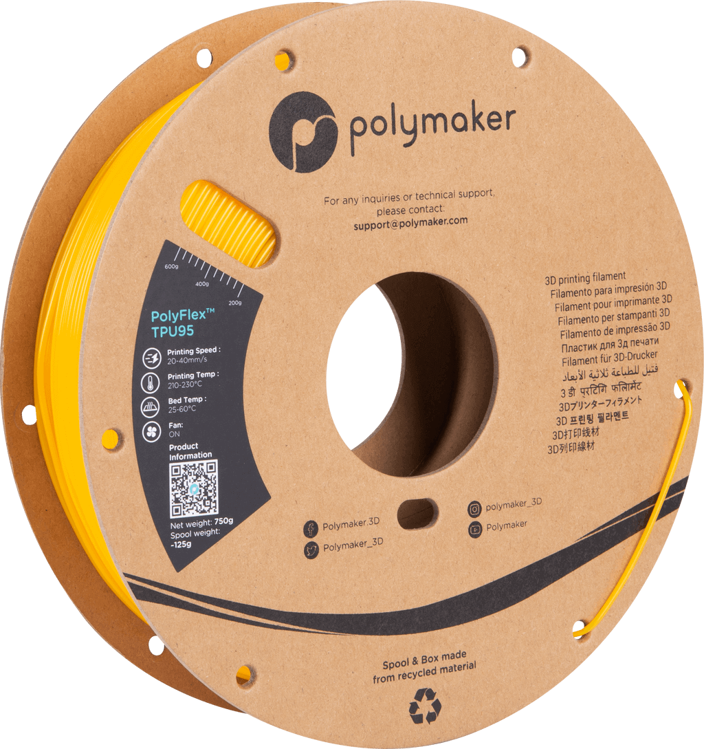 פילמנט גמיש צהוב 750 גרם 1.75 מ"מ - POLYFLEX TPU 95A YELLOW