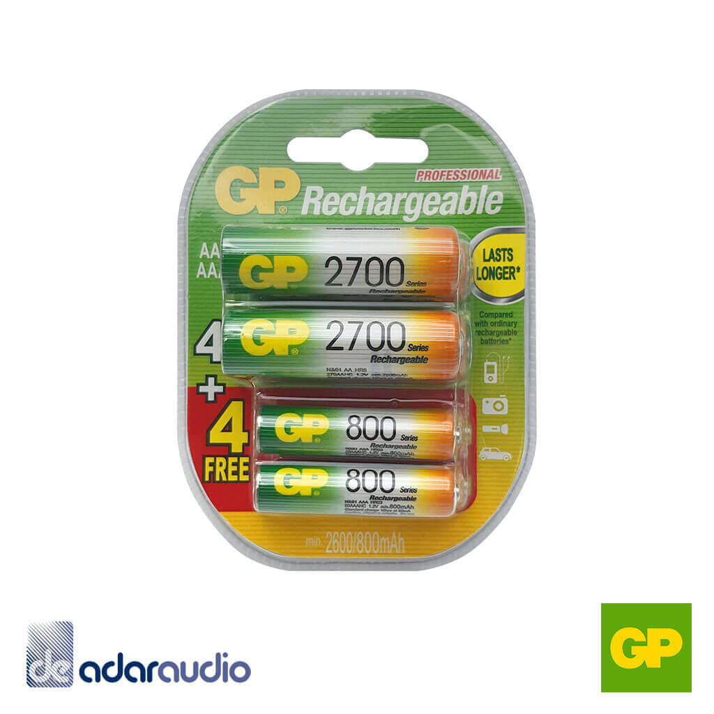 8 סוללות נטענות GP PRO AAA4 + AA4 1.2v