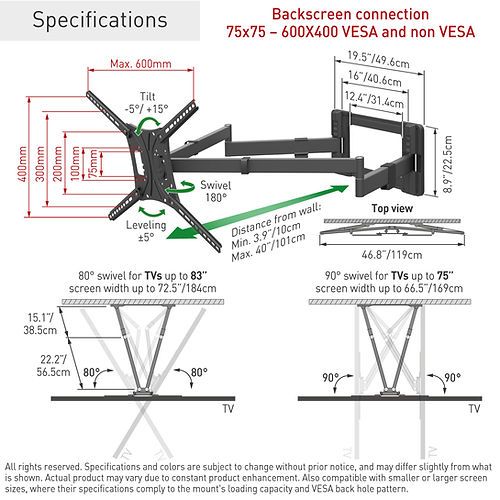דגם BM464XL - זרוע ברקן כפולה 4 תנועות ארוכה במיוחד - 1 מ' - למסכי 13 ...