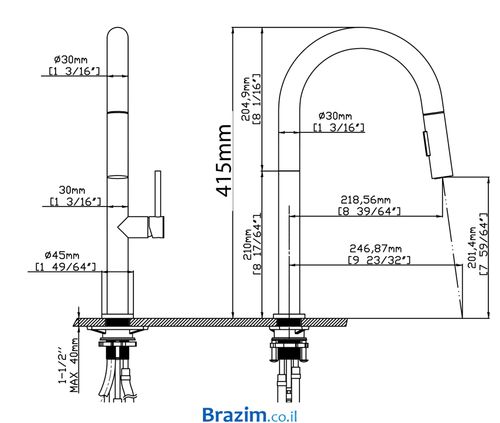 ברז מטבח נשלף K546-BG זהב Brazim - Brazim - ברזים למטבח