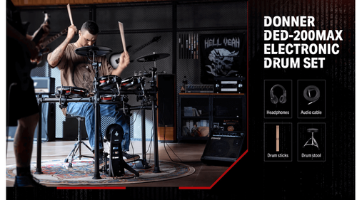 חבילת מערכת תופים אלקטרונית DED-200 MAX + כסא ואוזניות מבית DONNER ...