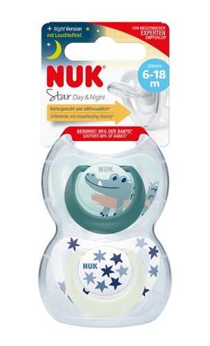 זוג מוצצי סטאר דיי&נייט NUK Star Day&Night | סיליקון 6-18 חודשים | עם אפקט זוהר בחושך