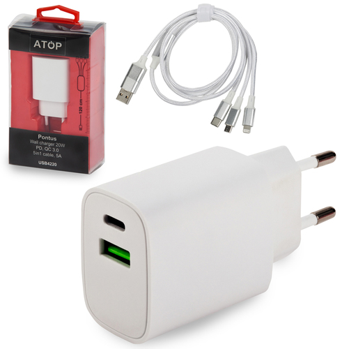 מטען קיר Type C Usb חשמל 20w כולל כבל טעינה 5 ב 1 גאדגטים 2024