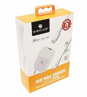 מטען ביתי 20W PD3.0 + כבל MFI מאושר אפל - דגם Mwc20 חברת Miracase - מטענים