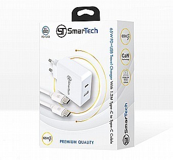 מטען קיר כפול PD+USB - 65W - עם כבל טייפ-סי לטייפ-סי - דגם Sttc65w בטכנולוגיית GaN - חברת ...