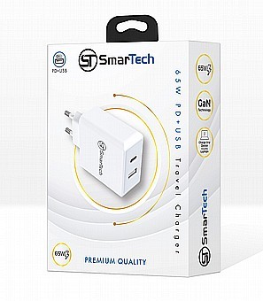 מטען קיר כפול PD+USB - 65W - דגם Sttc65w בטכנולוגיית GaN - חברת SmarTech - איכות מושלמת - מטענים