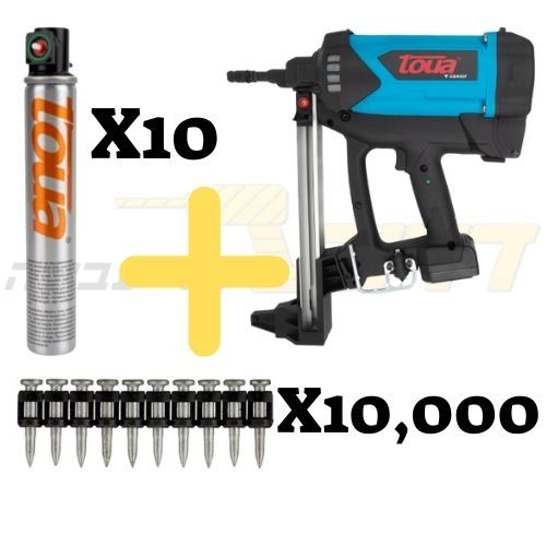 אקדח מסמרים מקצועי לפלדה ובטון 15-40 מ''מ Toua + 10,000 מסמרים + 10 מיכלי גז GSN40 - דרור כלי עבודה