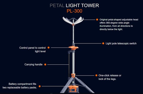 מגדל תאורה נייד PL-300 - תאורה בעיצוב עלי כותרת 360° עם גובה 3.4 מטר ...