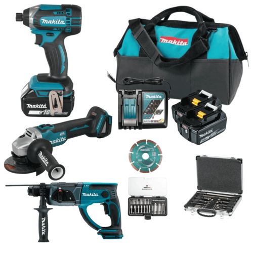 סט מקיטה מקצועי – פטישון DHR202, משחזת DGA454, מברגת אימפקט DTD152Z, 2 ...