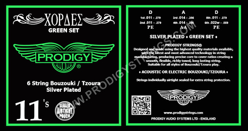 סט מיתרים לבוזוקי 6 מיתרים Prodigy GREEN Silver Plated Wound 0.11