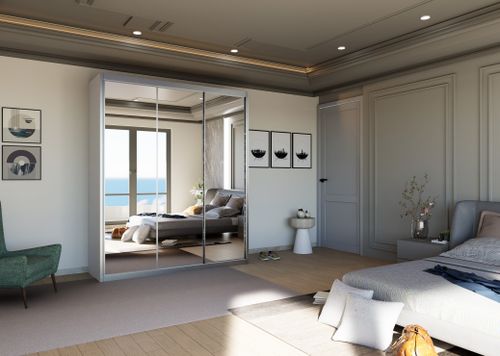 ארון הזזה 3 דלתות דגם EL210-25 + מראות - מסגרת אלומניום כסופה - ארונות 3 דלתות רוחב 210